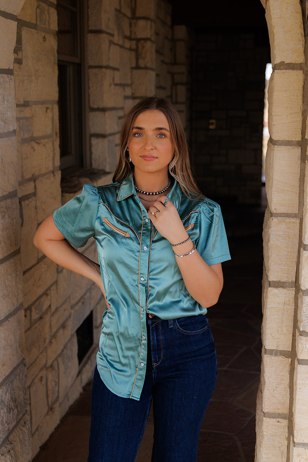 Deep Satin Blouse - Aqua Teal – Triangle T Boutique
