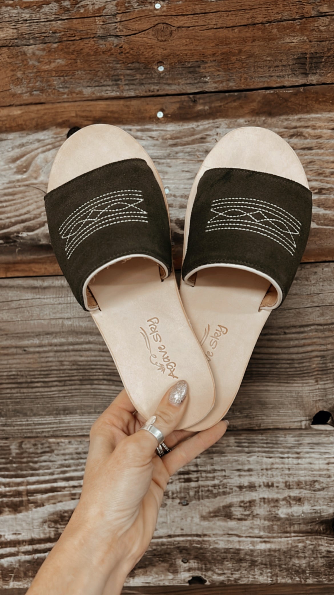 Nadia Slides - Olive Suede & Cream – Triangle T Boutique